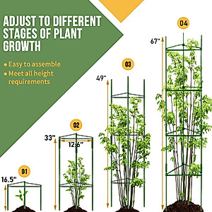 Megidok Tomato Cages - Garden Plant Stakes Support (4 Pack 49"/3 Pack 67") with 164ft Plant Ties&40Pcs Plant Clips&4 Watering Drip Devices for Climbing Plants Vegetable