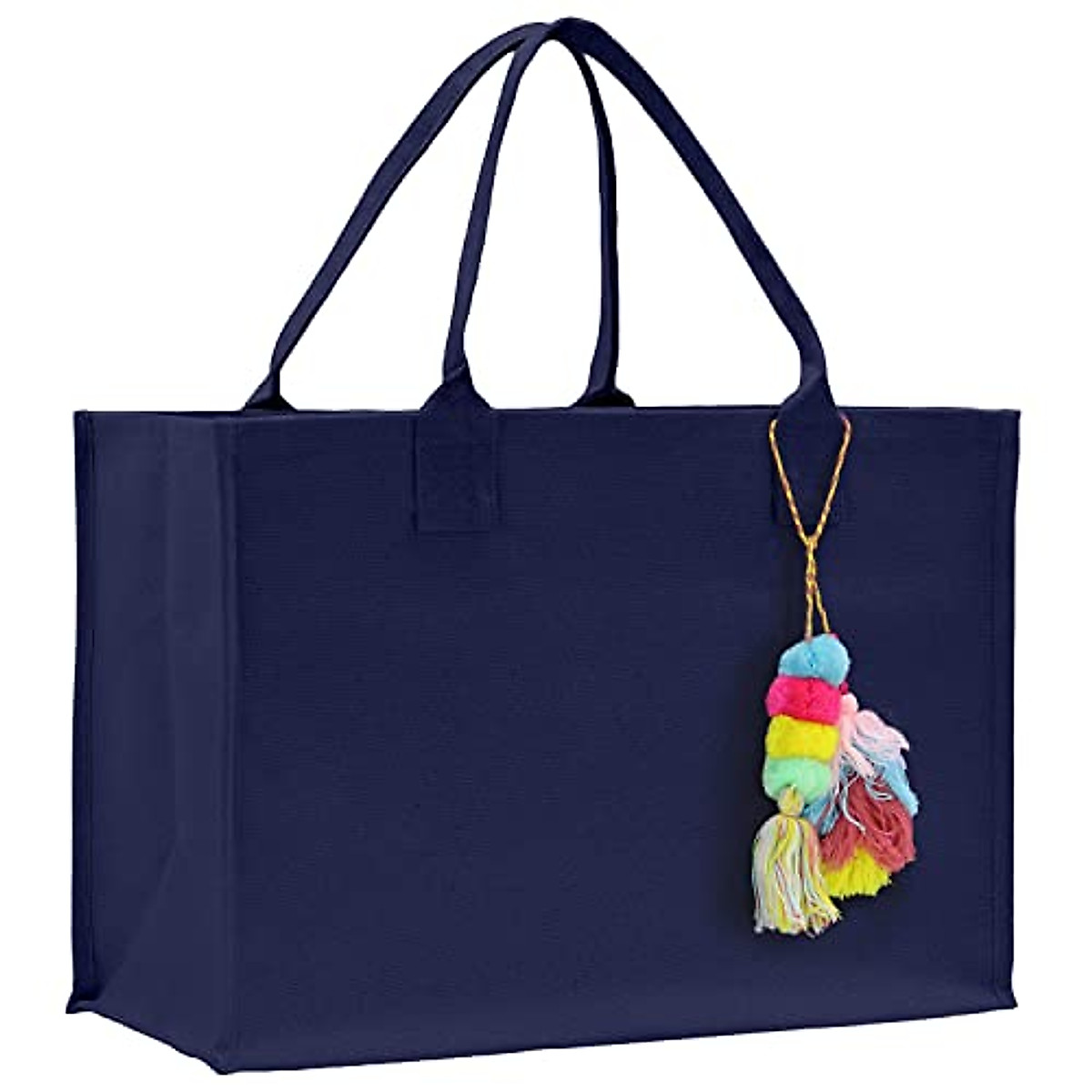 VANESSA ROSELLA Personalized Gift 100% Cotton Canvas Chic Tote Bag - Top Zipper Closure Option - With PomPom and Embroidery Customize Option (Navy)