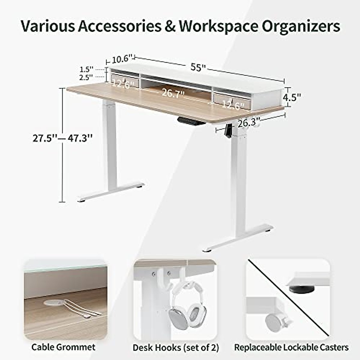 FEZIBO Electric Standing Desk with Glass Top Monitor Stand,55 x 26 Inch Adjustable Sit Stand Up Table with Double Drawer, Sit Stand Desk with Storage Shelf, White Frame/Light Walnut Top