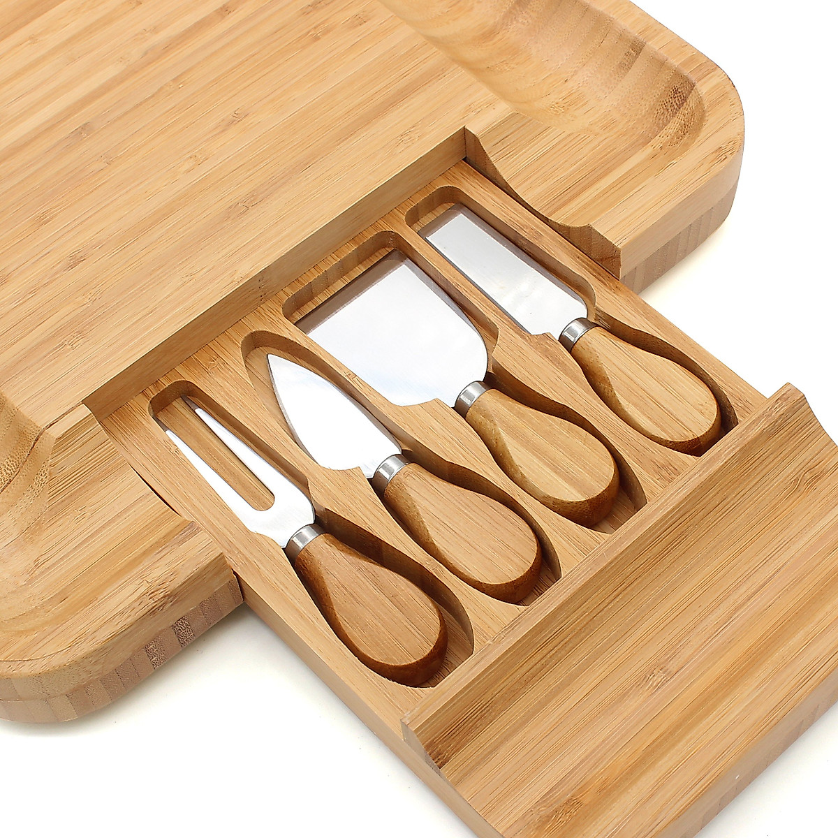 Esup Bamboo Cheese Board Set Cheese Plate 13'' x 13'' With Integrated Slide-Out Drawer and 4 Specialist Cheese Knives Set