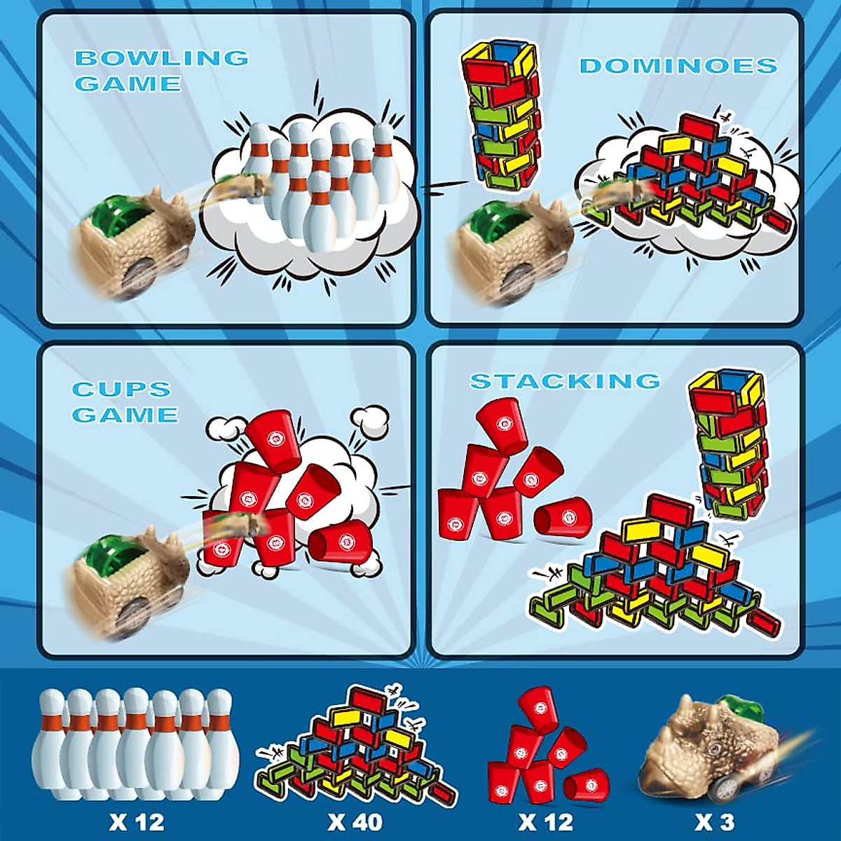 3 in 1 Mini Dino Car Game, Dominoes, Bowling Balls, Stacking Cups & Dinosaur Vehicles Targeting Board Games, Desktop Toys Play Set for Family & Party