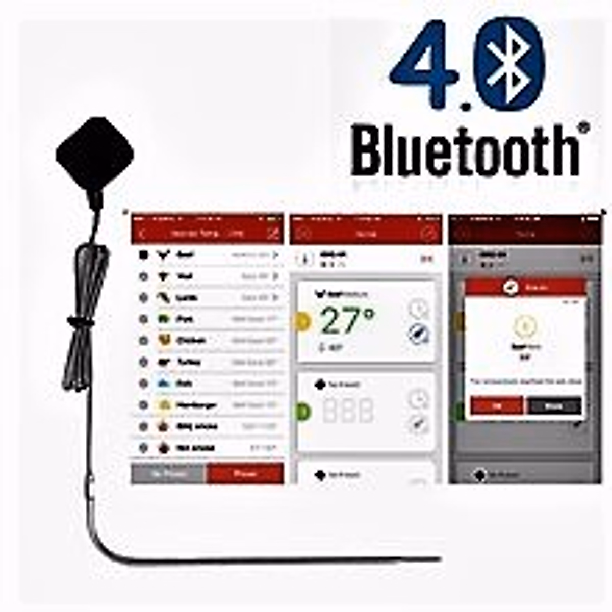 NutriChef Smart Bluetooth BBQ Thermometer - Upgraded Stainless Probe Safe to Leave in Grill, Outdoor Barbecue or Meat Smoker - Wireless Remote Alert iOS Android Phone WiFi App - PWIRBBQ40