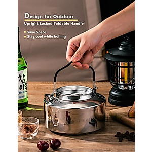 CretFine 304 Stainless Steel Camping Tea Kettle with Stackable Cups and Portable Bag, Anti-scalding Open Campfire Coffee Tea Pot, 1.1 Qt