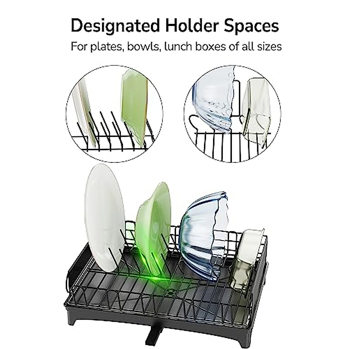 ULG Dish Drying Rack with Drainboard, Countertop Dish Rack, Rustproof Dish Drainer for Kitchen Counter, Draining Rack with Detachable Utensil Holder, Adjustable Swivel Spout Dish Strainers, Black