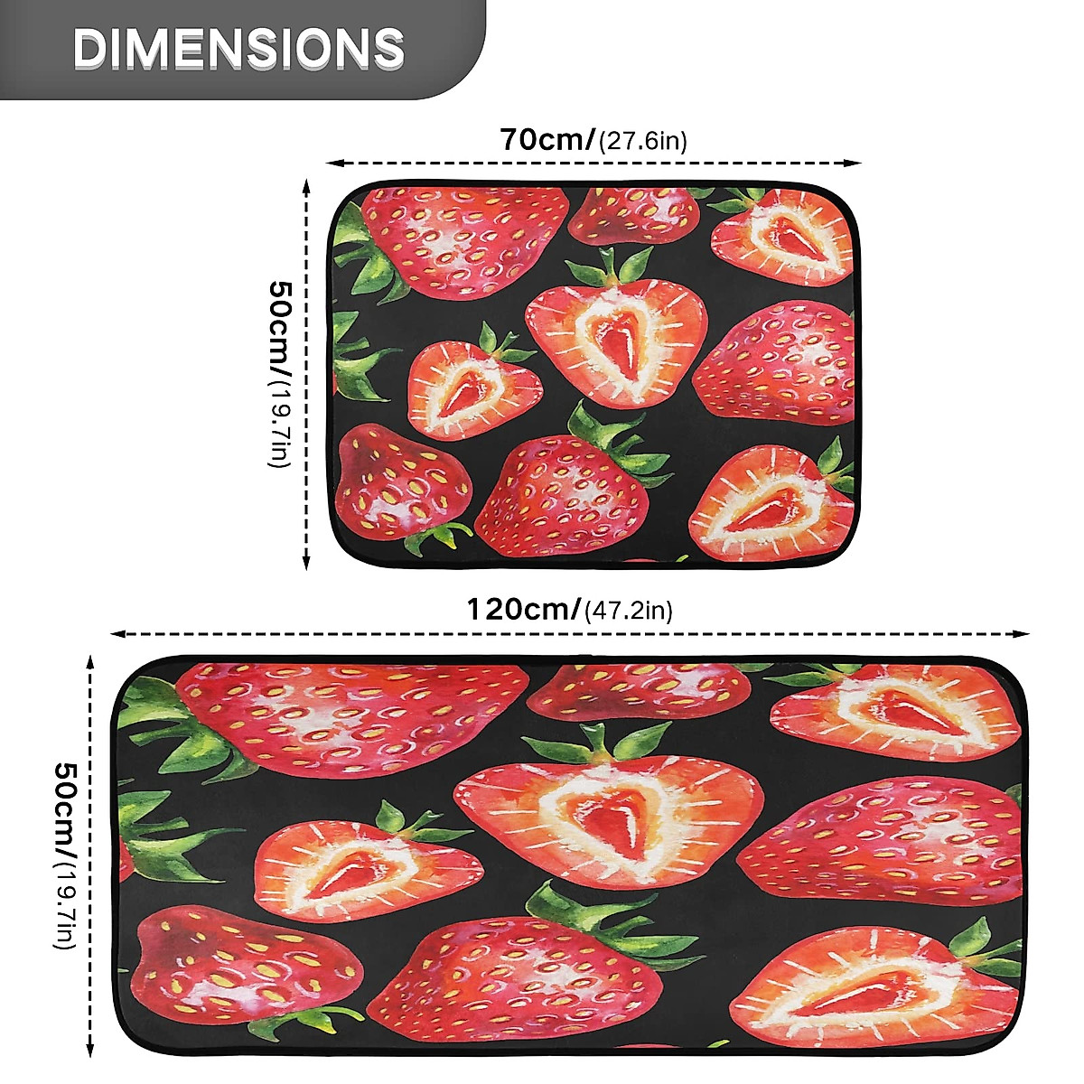 ALAZA Strawberry Red Black 2 Piece Kitchen Rug Floor Mat Set Runner Rugs Non-Slip for Kitchen Laundry Office 20" x 28" + 20" x 48"