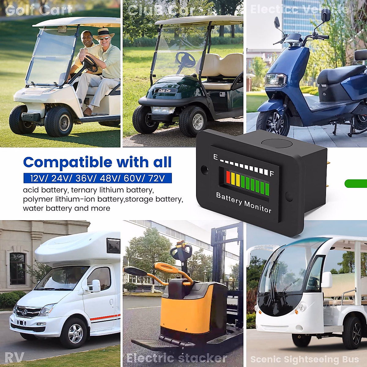 LED Battery Level Indicator, Universal Golf Cart Battery Meter Support 12V 24V 36V 48V 60V 72V Battery Monitor Lithium Battery Lead Acid Battery Fuel Gauge Meter for Ezgo Go Club Car