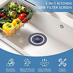 Kitchen Sink Drain Strainer, 3-in-1 304 Stainless Steel Sink Drain Stopper with Strainer Basket, Pop Up Anti-Clogging Odor Filter for 3-1/2 Inch Standard Kitchen Drain, 2 Pack