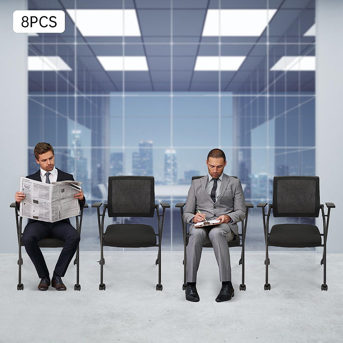 Conference Room Chairs, Set of 8, Stackable & Ergonomic Foldable Chair with Wheels and Armrest, Mesh Bouncing Back, Lumbar Support, Training Room Chair for Office Meetings, Reception