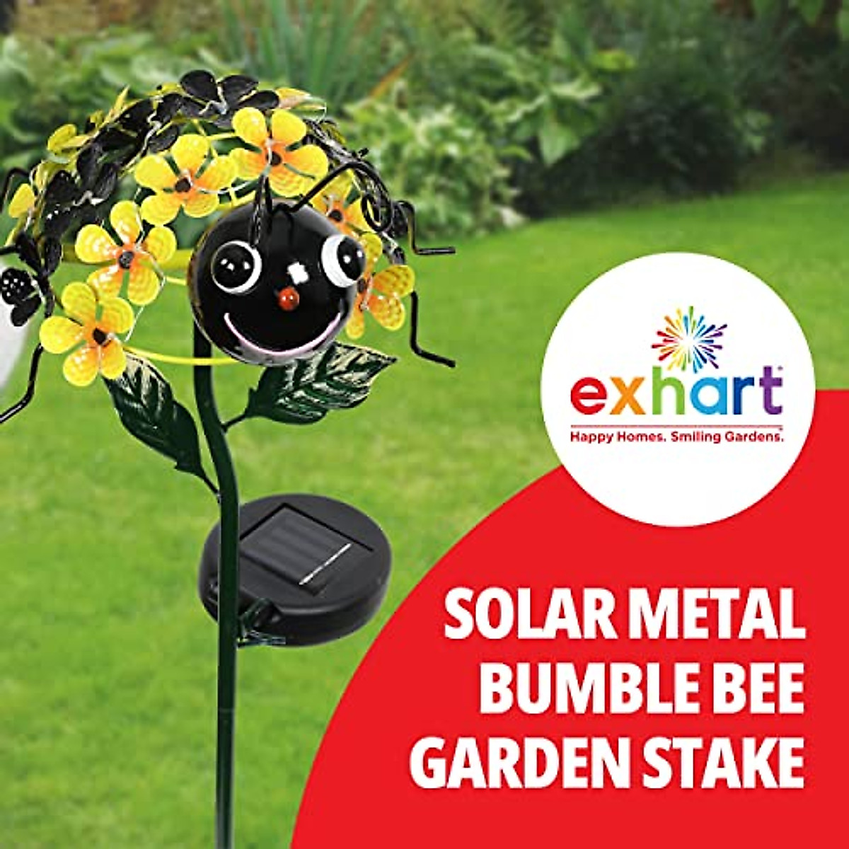 Exhart Solar Yellow Bumble Bee Garden Stake, 26 LEDs, Metal, Cute Garden Décor, 8.5"x7.5"x26.5"