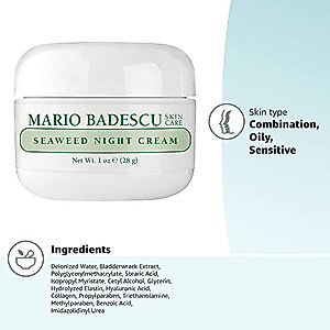Mario Badescu Seaweed Night Cream for Women Anti Aging Oil-Free Moisturizer with Collagen & Sodium Hyaluronate, Ideal for Combination, Oily or Sensitive Skin, Moisturizes & Smooths Skin, 1 Fl Oz