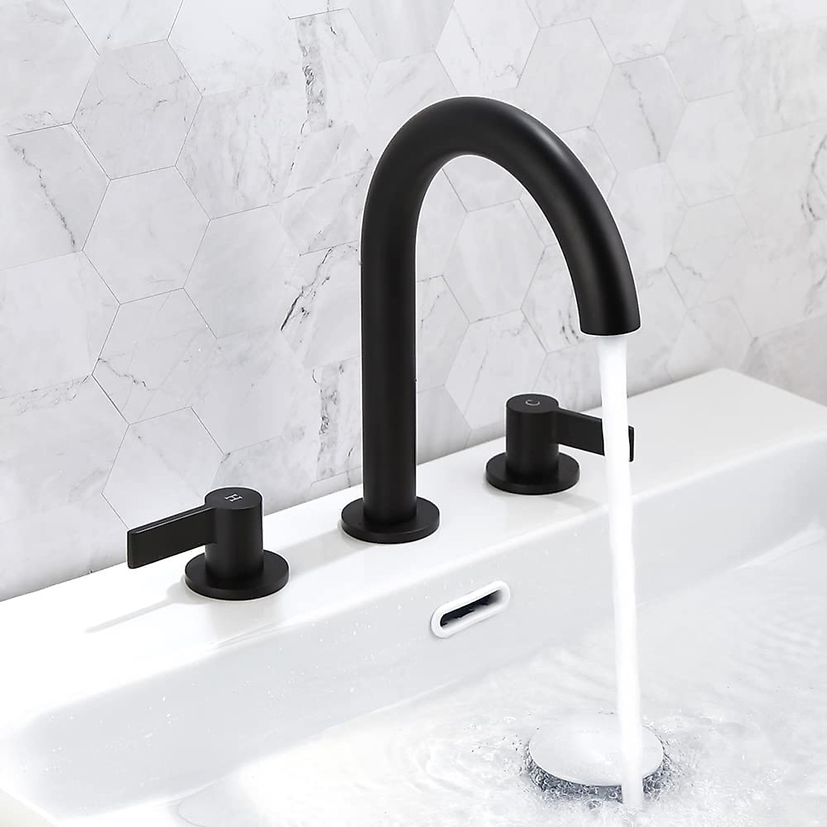POP SANITARYWARE Matte Black Bathroom Faucet 8 Inches Widespread Bathroom Faucet 3 Hole Bathroom Faucet 2 Handle Bathroom Sink Faucet Brass with Supply Hoses