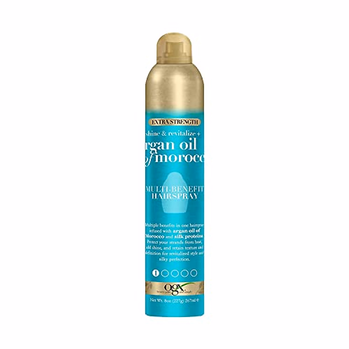 OGX Revitalize + Argan Shine Extra Strength Multi-Benefit Heat Protection Hairspray with Argan Oil & Silk Proteins, Tame Frizz & Non-Greasy Shine, Morocco, 8 Ounce