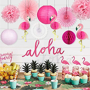 Tropical Party Decorations Pink Flamingo Party Supplies Pom Poms Paper Flowers Tissue Paper Fan Paper Lanterns for Hawaiian Summer Beach Luau Party