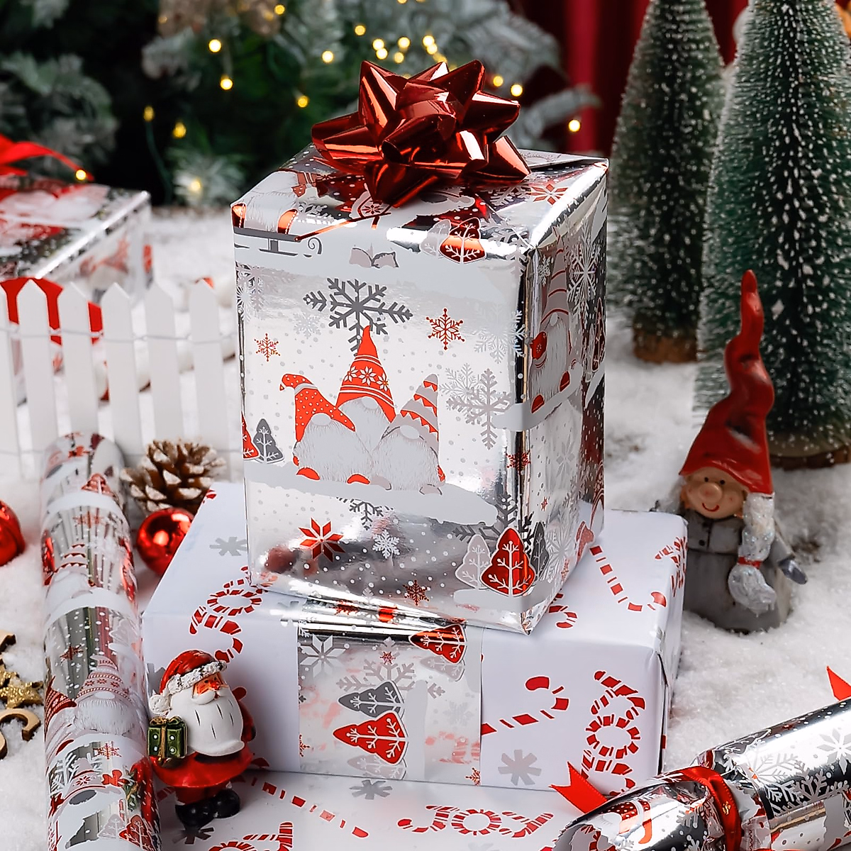 Flyhill Christmas Reversible Wrapping Paper Roll-17in X 33ft(46.8 sqft)-Metallic Foil Shine Red and Gray Gnomes & Christmas Trees Patterns with Joy letterings,Snowflake,Candy Canes for Birthday,Party