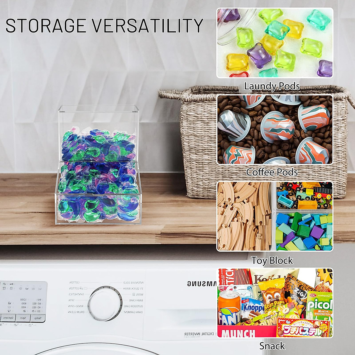 BSSOYAMM Laundry Pods Container, Acrylic Laundry Pods Holder with 2 Lid, Adhesive Dishwasher Pods Dispenser, Clear Laundry Room Organization Storage for Clothes Pins, Dryer Balls, Snack, Candy