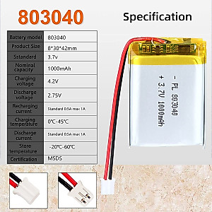 AKZYTUE 3.7V 1000mAh 803040 Lipo battery Rechargeable Lithium Polymer ion Battery with JST Connector