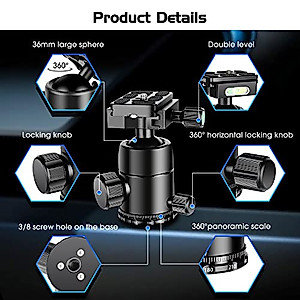 Manbily Professional Tripod Ball Head,Super Long Lens Does Not Easy Nod or Sag,Rotate 360 Degrees,Quick Release Plate and Level Gauge,CNC Metal Aluminum,for DSLR,Camcorder,monopod,Up to 33lbs/15kg