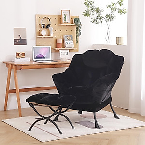 LITA Lazy Chair with Ottoman, Modern Accent Leisure Upholstered Sofa Chair, Lounge Reading Chair with Armrests and a Side Pocket for Living Room, Bedroom & Small Space, Plush Black