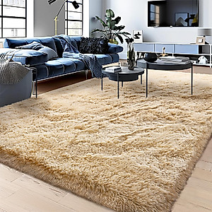 Soft Shaggy Rugs Camel Fluffy Rug for Bedroom White Fuzzy Rug Non-Slip Indoor Floor Carpet for Living Room 5x7