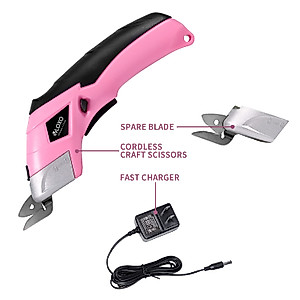 VLOXO Cordless Electric Scissors with 2 Blades Rechargeable Powerful Shears Cutting Tool for Fabric Cardboard Carpet Leather Felt with Charger & Storage Box-Pink