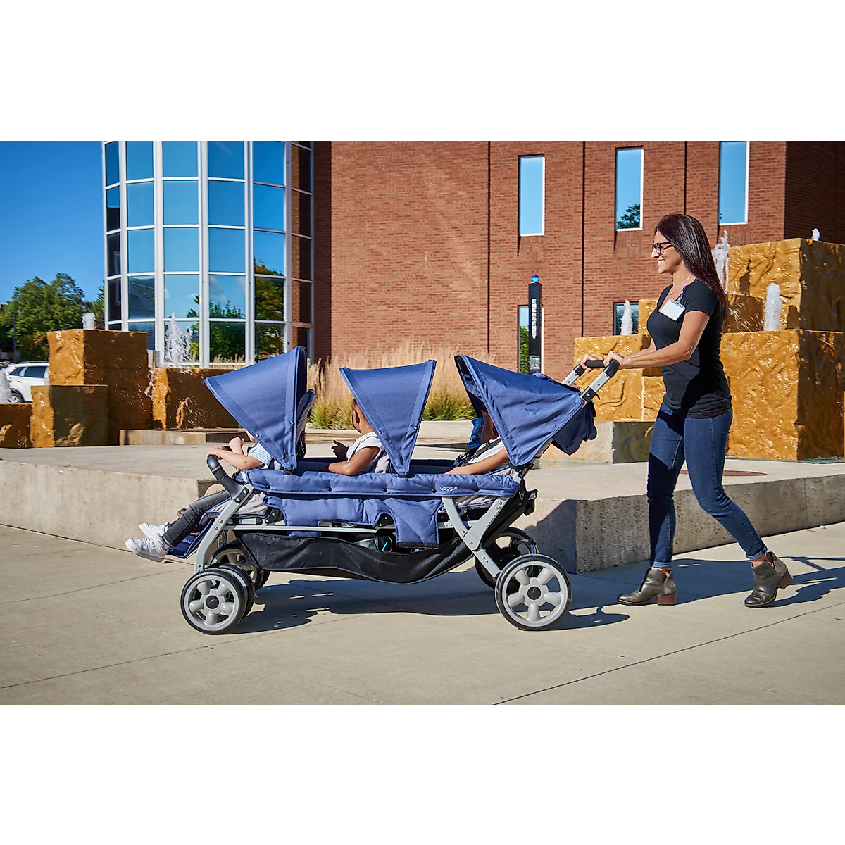 Gaggle by Foundations Jamboree 6-Seat Folding Multi-Child Stroller with Oversized UV Blocking Canopy, 5-Point Harness for Added Safety, Easy Loading, Storage Bucket (Blue)