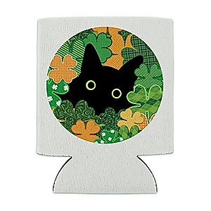St. Patrick's Day Black Cat Shamrock Can Cooler - Drink Sleeve Hugger Collapsible Insulator - Beverage Insulated Holder