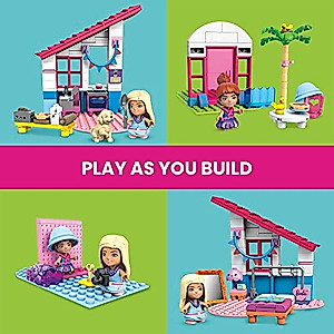 MEGA Barbie Building Toys Playset, Malibu Dream House with 303 Pieces, 2 Micro-Dolls, Accessories and Furniture, 3 Pets