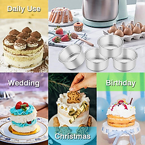 TeamFar 4 Inch Cake Pan, 4 Pcs Mini Cake Pan Round Tier Baking Cake Pans Set Stainless Steel, For Baking Steaming Serving, Healthy & Sturdy, Mirror Finish & Dishwasher Safe