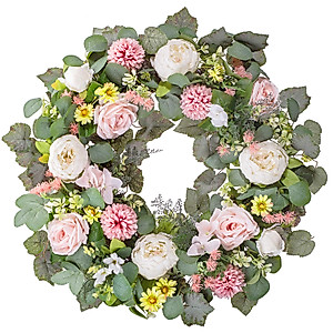 WANNA-CUL 24 Inch Large Spring Peony Flower Wreath for Front Door for Wedding,Pink Rose Floral Door Wreath with Rustic Grapevine Leaves,Bolocephalus Saussureoides for Wall