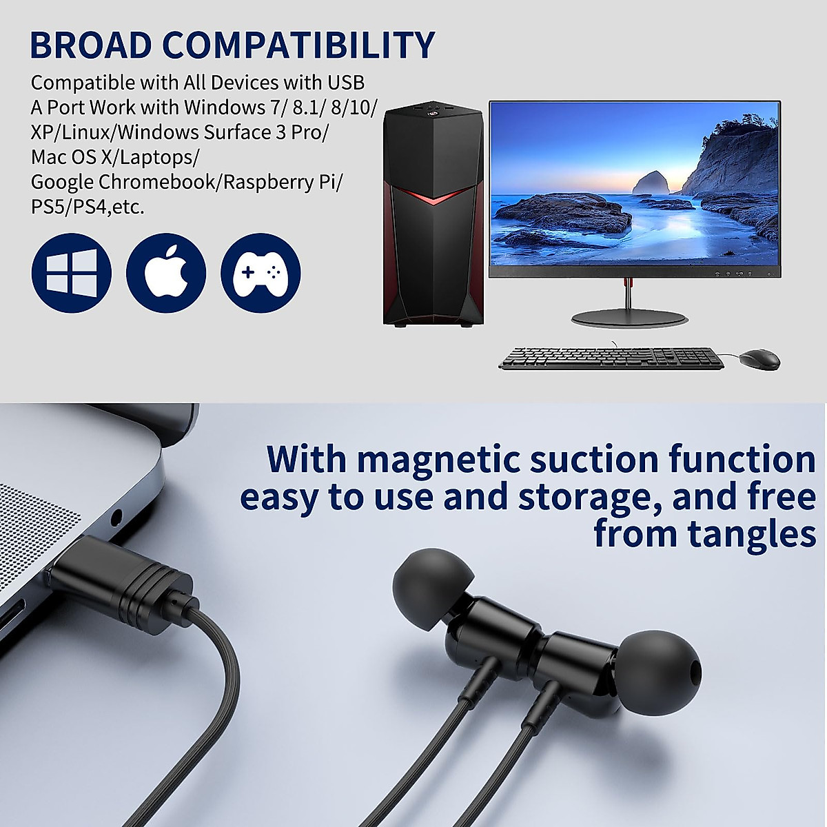 USB Headphone for PC Laptop Magnetic Wired Earbuds, USB Earbuds with Microphone for Business School Office Zoom Gaming, USB Headset with Mute,Noise Canceling in-Ear Corded Earphone with Volume Control