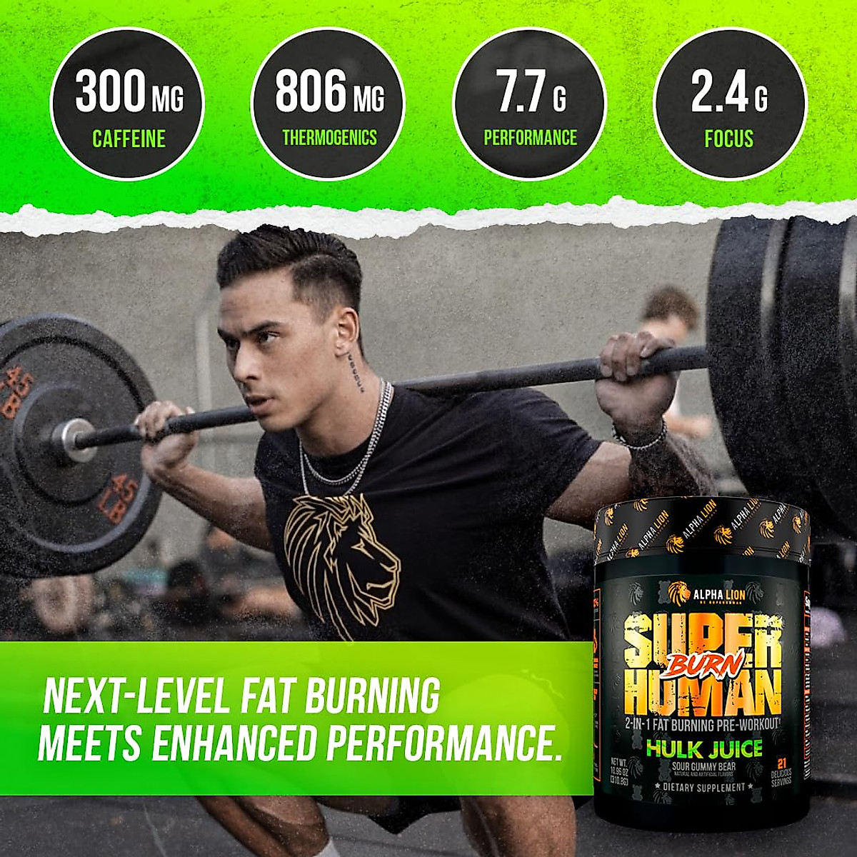 ALPHA LION Superhuman Burn 2-in-1 Metabolism Booster Pre Workout, Weight Loss Supplement, Appetite Suppressant, Fat Loss Support, Energy & Focus Powder (21 Servings, Hulk Juice)