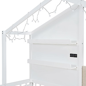 BestLM Twin Size House Bed with Upholstered Sofa & Sparkling Light Strip on The Roof, Wood Platform Bed House Bed Frame with Charging Station, Wireless Charging, Shelves & Two Drawers, White