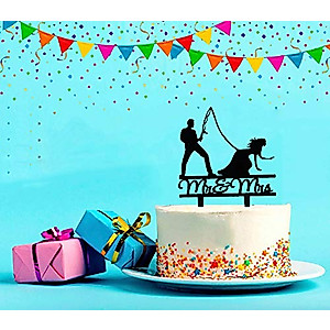 YzYbuaego Fishing Wedding Cake Topper, Black Mr & Mrs Wedding Cake Topper, Fishing Theme Wedding/Engagement/Bridal Shower Decoration（Fishing Couple)