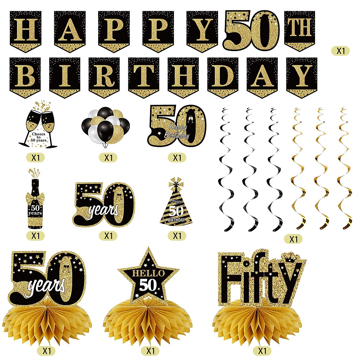 50th Birthday Banner Decorations for Men Women, 10Pcs Happy 50th Birthday Banner Honeycomb Centerpieces Swrils Kit