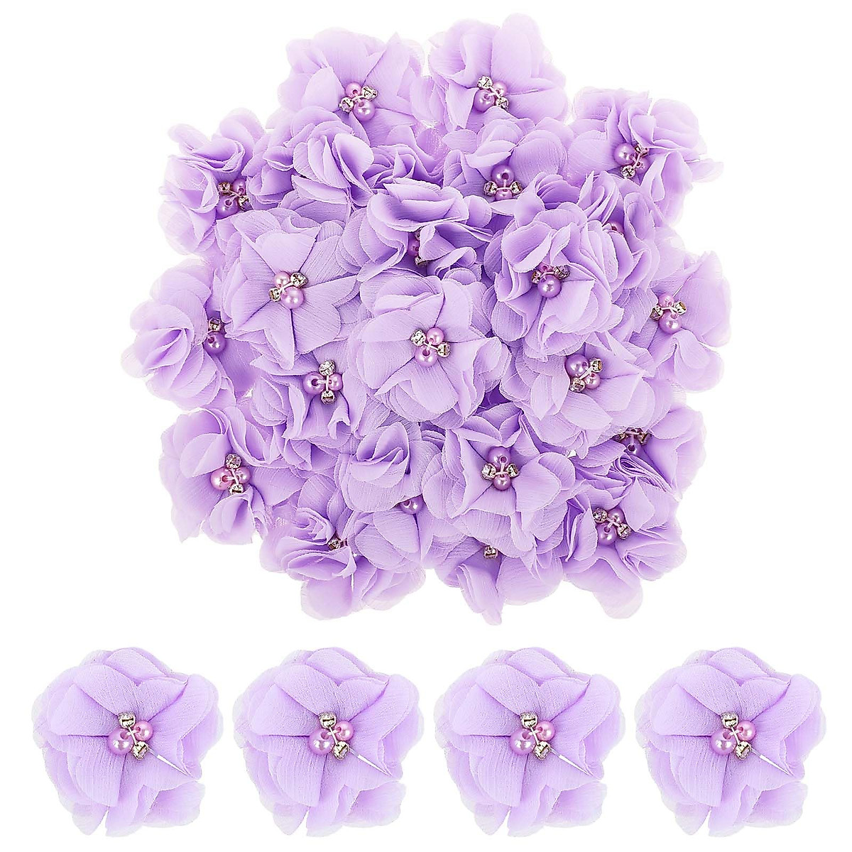 30 Pieces Fabric Flowers for Crafts, Purple Rhinestone Pearl Chiffon Applique Patches Lace Sewing Small Floral Applique for Clothing, Wedding Ornament, Graduation Headbands Flower, Party Decoration