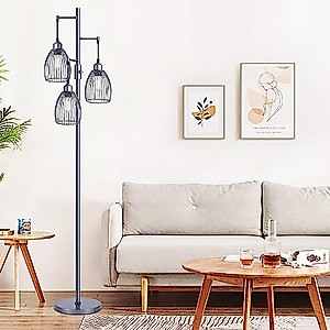 Dimmable Industrial Floor Lamps for Living Room, Gray Tree Standing Tall Lamps with 3 Elegant Teardrop Cage Head & 800 Lumens LED Bulbs for Bedroom Office