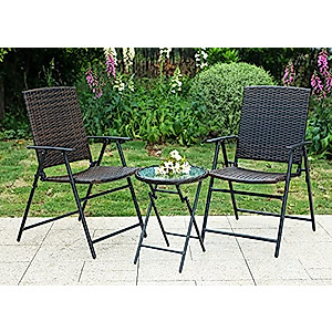 PHI VILLA Rattan Patio Bistro Set,3 Pieces Folding Outdoor Patio Wicker Bistro Set,Patio Table and Chairs Set for Garden,Backyard, Lawn, Porch, Poolside and Balcony,Rattan Style