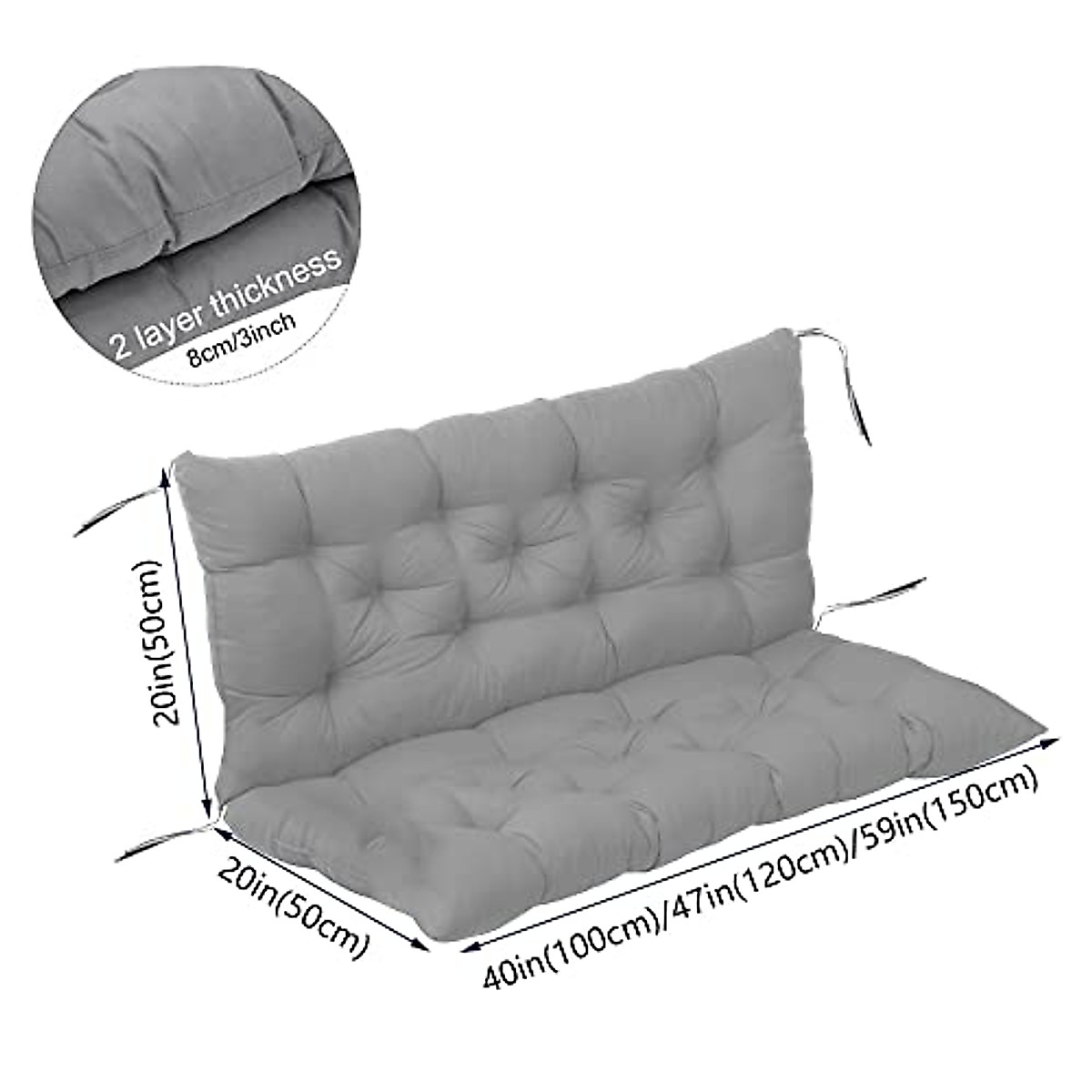 Hruile Indoor/Outdoor Loveseat Cushion 2-3 Seater Bench Cushion with Backrest, 3 Inches Thick Seat Cushions Mat with Ties, Seat Pad for Outdoor Patio Furniture Swing Chair,40x40in,Gray