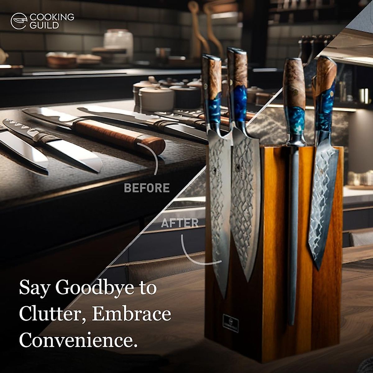 The Cooking Guild Premium Acacia Wood Magnetic Knife Holder for 10+ Knives - Magnetic Knife Block without Knives - Strong Magnetic Hold Knife Magnet with Non-Slip Rubber Feet for Secure Knife Storage