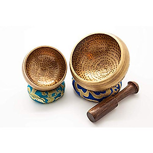 Cadushki Tibetan Singing Bowl Set: 2 Sound Bowls 4.5 inches & 3.3 inches, a Mallet, 2 Cushions and a Nepal Cloth Bag. Meditation Singing Bowl is Suitable for Meditation, Yoga, Healing and Silent Mind