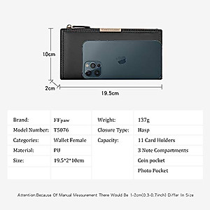 FFpaw Ultra Slim Wallet Leather RFID Blocking Credit Card Holder Bifold Clutch Coin Zipper Travel Long Purse for Women Girls