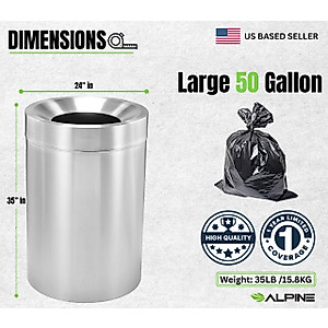 Alpine 50 Gallon Indoor Trash Can - Corrosion Proof Stainless Steel Garbage Bin - Heavy Duty Waste Disposal Trashcan for Litter Free Home, Schools, Hospitals and Businesses (50 Gallon)