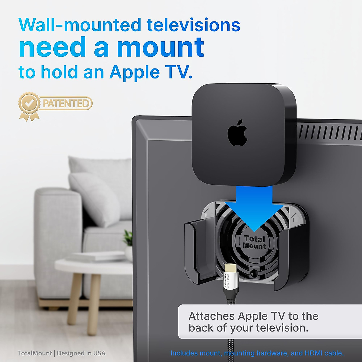 TotalMount for Apple TV – Mount Compatible with All Apple TVs (Premium Black and Gray Apple TV Mount and Cable)
