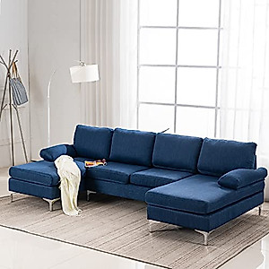 MELLCOM Modern U-Shape Sectional Sofa, Soft Linen Fabric Sectional Couch, Double Wide Chaise Lounge Couch with Modern Metal Feet for Apartment Living Room, Blue