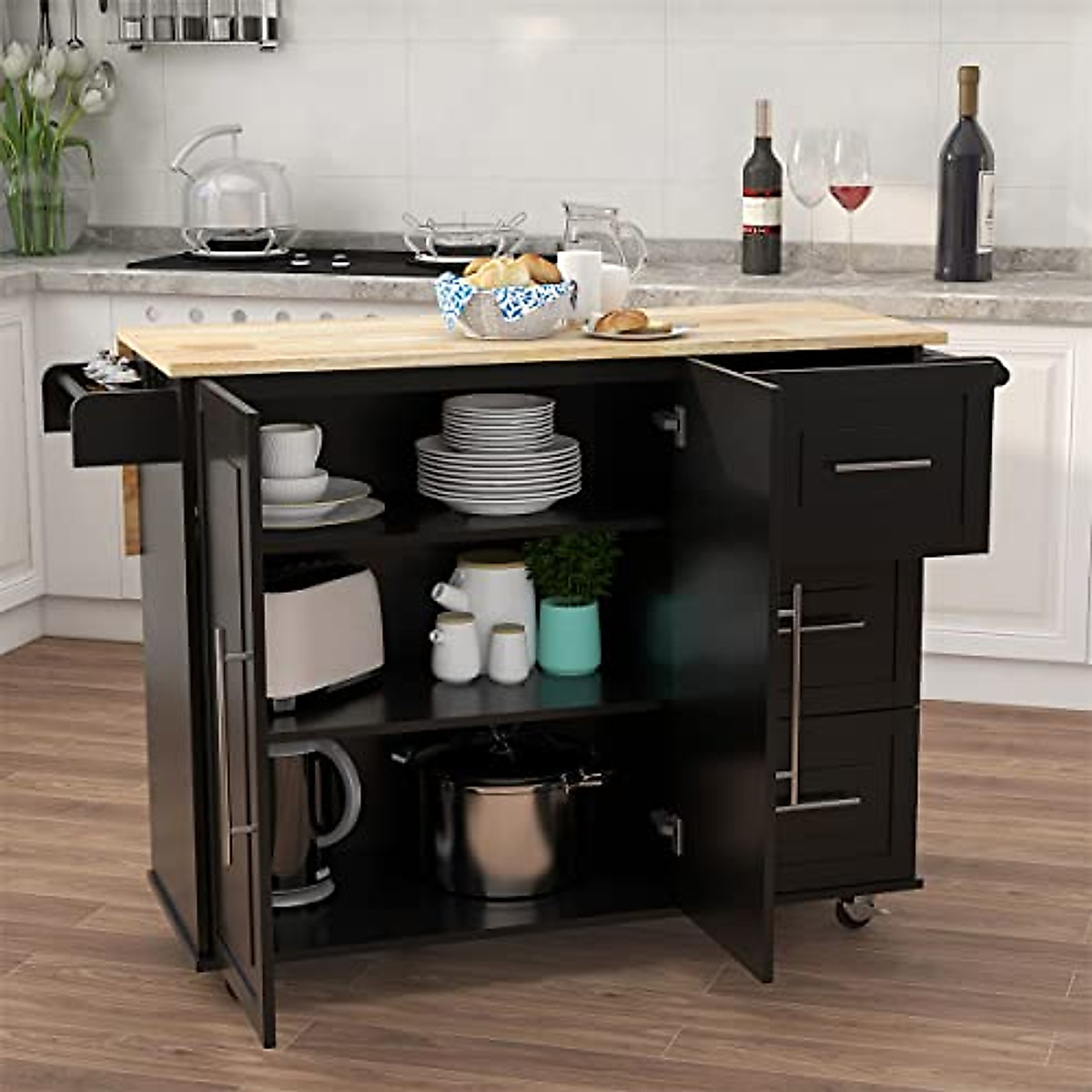 LKTART Kitchen Island Extensible Solid Wood Table Top with Spice Rack Towel Rack Movable on Wheels Kitchen Island for Kitchen(Black)