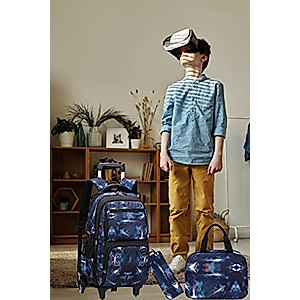 Egchescebo 18" School Kids Rolling Backpack for Adults With Wheels Trolley Wheeled Backpacks for Boys Students Travel Bags Adults With Lunch Box Pencil bag 3PCS Navy Blue