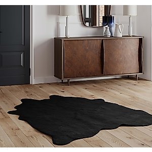NativeSkins Faux Cowhide Rug – Midnight Black (Medium) | 4.3ft x 5.7ft | Triple-Layer Support | Ultra-Soft Pile | Hand-Cut, Faux Suede No-Slip Backing | Western Rug | Cow Hide Animal Print Rug