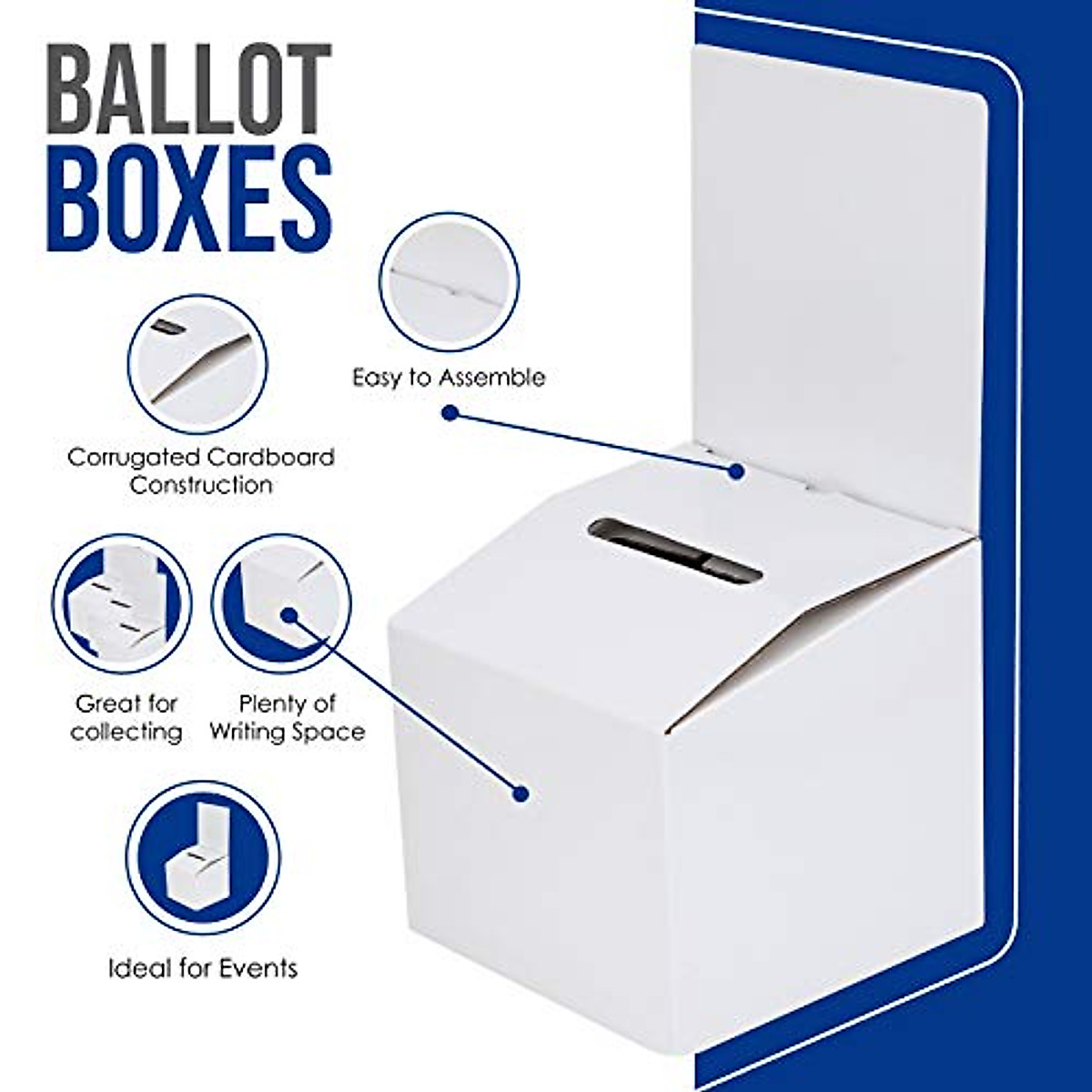 ALBEN Ballot Box for Suggestions Donations Raffles White Glossy Cardboard Boxes with Removable Header in Medium Size 6x6x6 inches with Slot for Tickets and More (2 Pack)