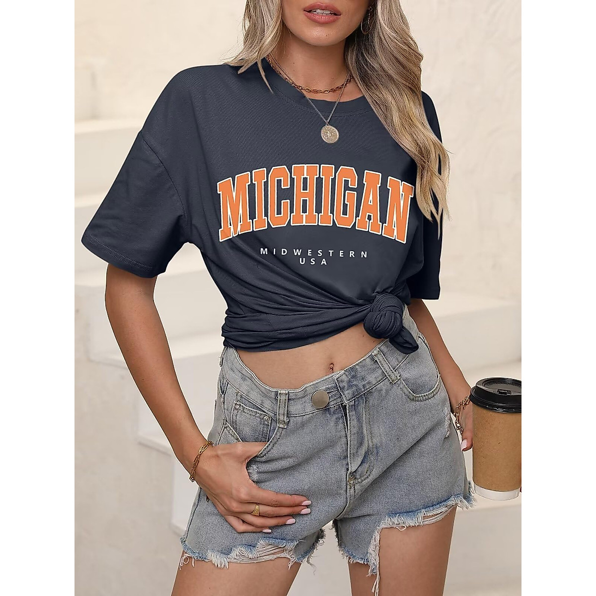 Women’s Casual Letter Graphic Print Short Sleeve Tunic Tops Round Neck Loose Tee Oversized Drop Shoulder Longline T Shirts
