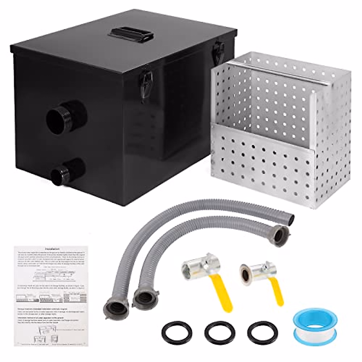 BEAMNOVA 9lbs Commercial Grease Trap Stainless Steel Black Grease Interceptor for Restaurant Kitchen Home Under Sink, Side Inlet